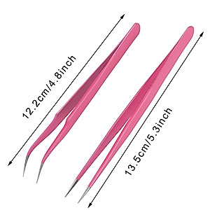 Hotop 2 Pieces Straight and Curved Tip Tweezers Eyelash Extension Tweezers, Stainless Steel False Lash Application Tools (Pink)