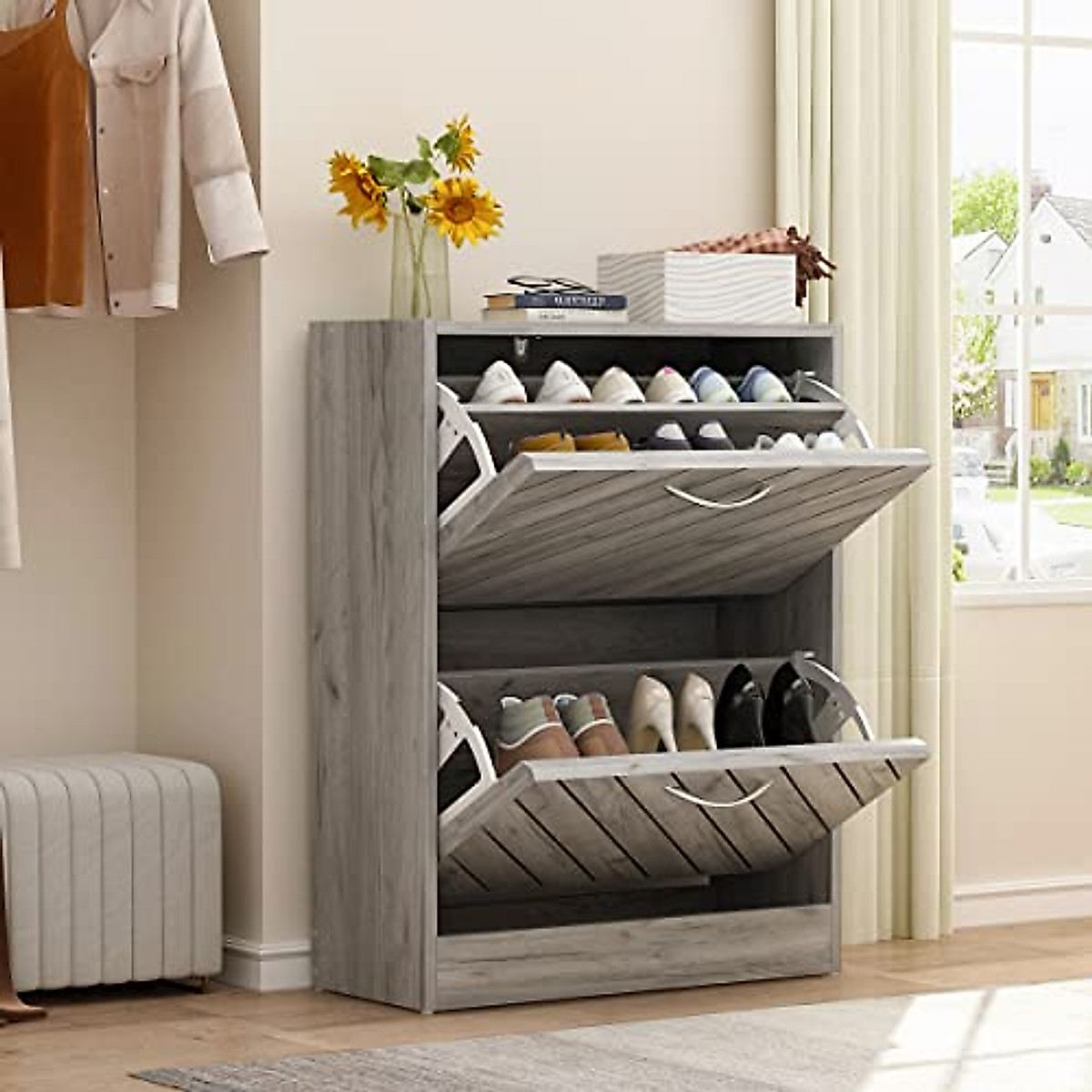 AGOTENI Shoe Cabinet with 2 Flip Drawers, Shoe Storage Organizer with 2-Tier Shelf for Entryway, Freestanding Shoe Rack Storage Organizer, Grey