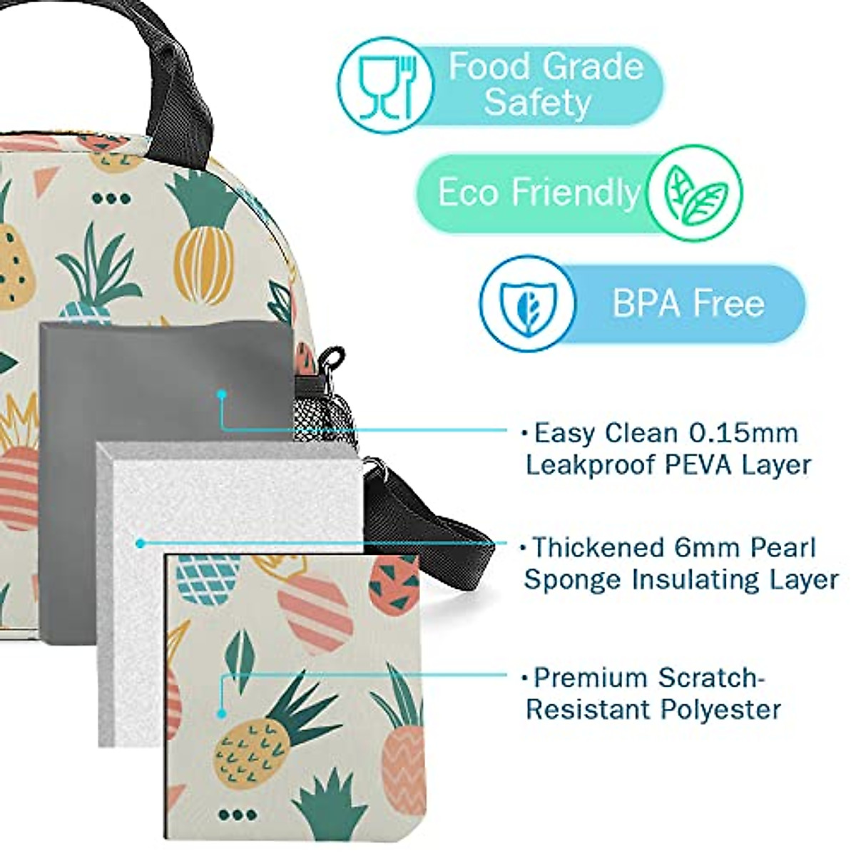 Insulated Kids Lunch Bag, Reusable Lunch Box Container with Adjustable Shoulder Strap for Adult Work School Travel, Thermal Lunch Tote Cooler Bag with Side Pockets for Boys Girls Women Men (Pineapple)