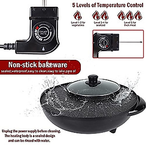 Electric Smokeless Grill and Hot Pot 2 in 1, Multifunctional Round Pot, Hot Pot Plate, Korean Barbecue Electric Smokeless, Non Sticky Pot Black 110v.