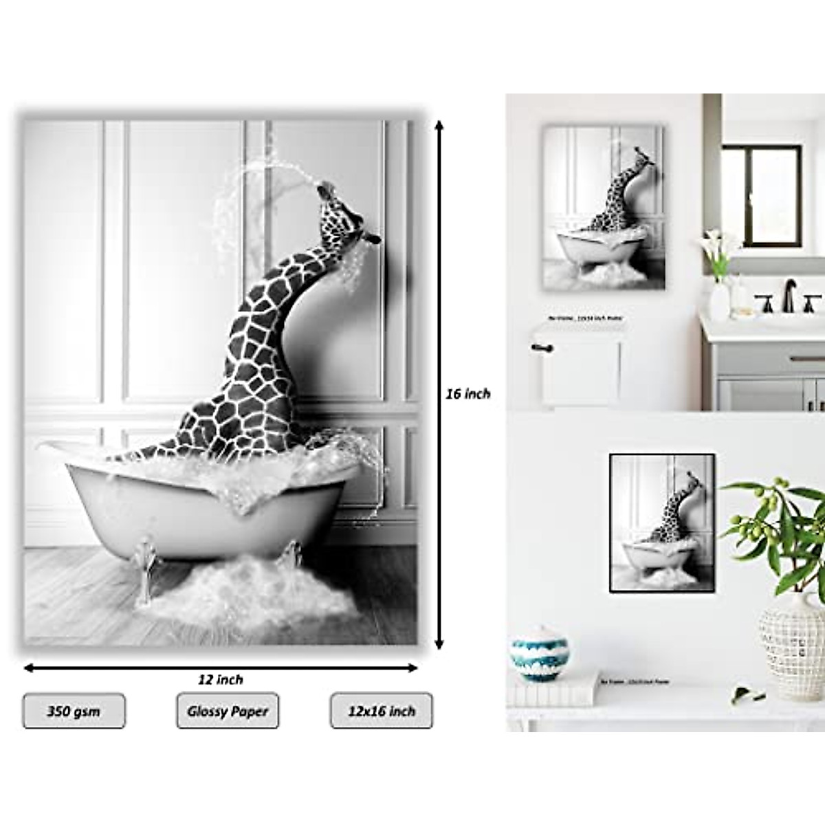 Funny Bathroom Decor Giraffe Animals Bathtub Poster–Unframed (12 x 16 Inch)– Bathroom Wall Decor, Black and White Bathroom Decor, Giraffe Wall Art Photo Pics Poster Funny Bathroom Modern Cute Chic Cool Unique Bathroom Sign