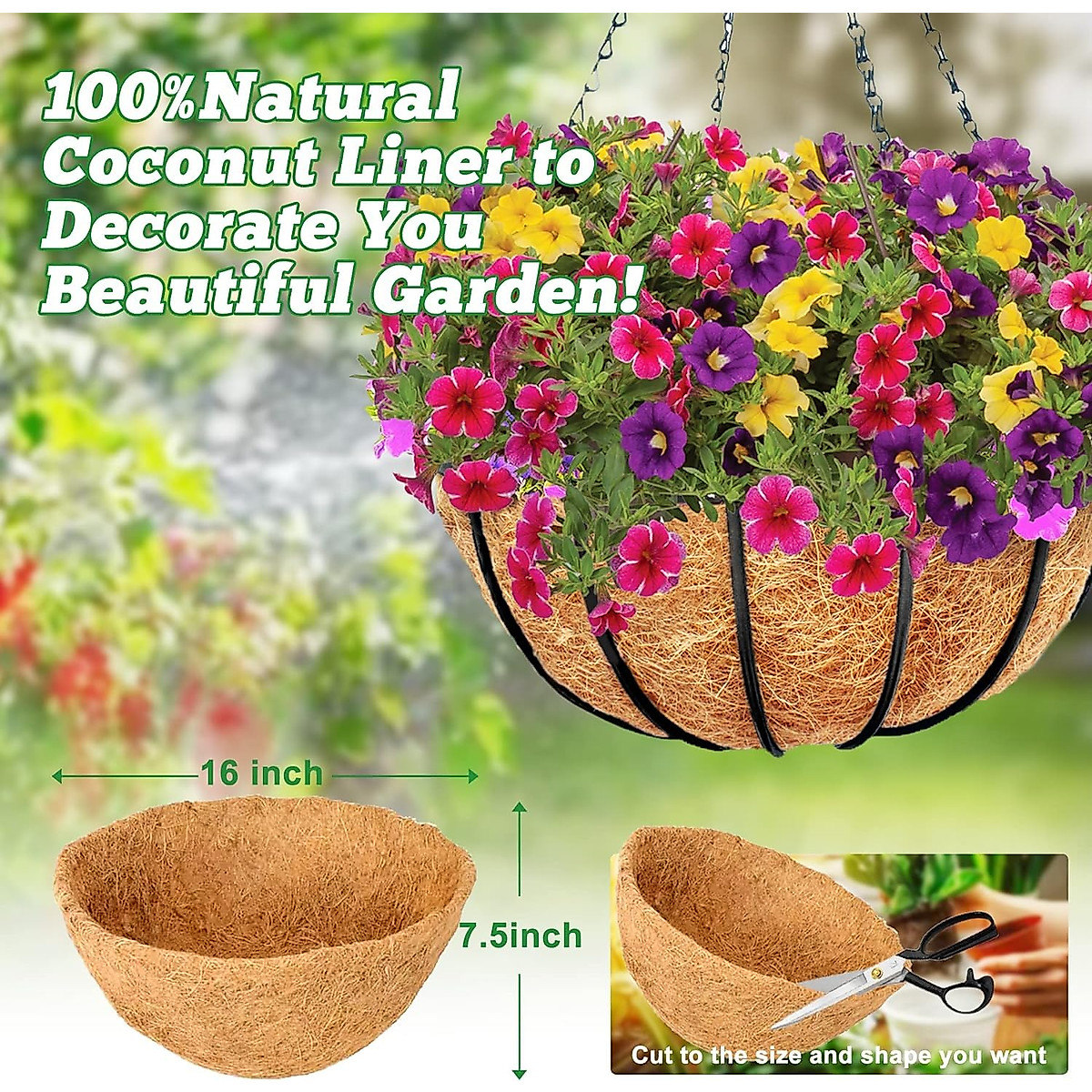 Y&M 2pcs 16“ Round Coconut Fiber Liner, 16'' Coco Liner Pre-Formed Replacement for Wall Hanging Planter Basket