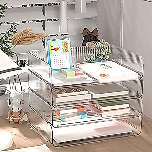 Wemfg File Organizer, Clear Stackable Desk Organizers and Accessories Tray Set, PET Letter Tray Paper Tray, A4 Size Office Desktop File Paper Holder Book Storage Rack (4 Pack x Landscape)