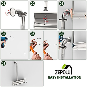 Toilet Paper and Wipes Holder Grab Bar Combo, Zepolu Brushed Nickel Anti-Slip Safety Bar, Wall Mounted Bathroom Handrail w/Storage Shelf, Stainless Steel Handicap Toilet Paper Holder Assist Handle