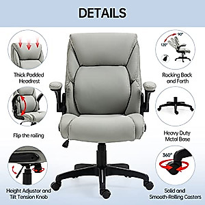 Leather Executive Office Chair- Ergonomic High Back PU Home Computer Desk Chair with Padded Flip-up Arms, Adjustable Height with Thick Seat and Tilt Function for Working Study, Grey