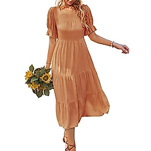 GAOVOT Women's Summer Casual Plain Simple Dresses Ruffle Puff Short Sleeve Loose Tunic Dress Flowy Tiered Midi Dress(Orange,XL)