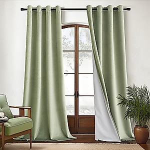 Woaboy 100% Blackout Light Sage Velvet Curtains-2 Panels 84 inch Completely Blackout Window Drapes Thermal Insulate 3 Layer Curtains with Black Liner for Bedroom Nursery Room, Grommet Top (52 * 84")