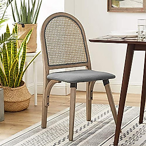 Art Leon Mid Century Modern Linen Upholstered Dining Side Chair with Rattan Woven Backrest, 1 Pcs, Dark Grey
