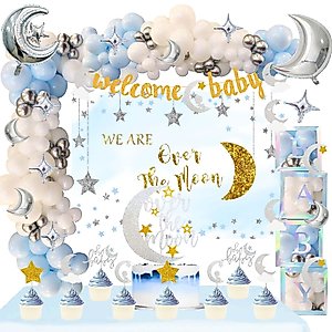 154 PCs Over The Moon Baby Shower Decorations, Fiesec We Are Over The Moon Baby Shower Decorations Backdrop Balloon Garland Glitter Banner Cake Cupcake Topper Boxes Cutout Starry Night Galaxy Sliver