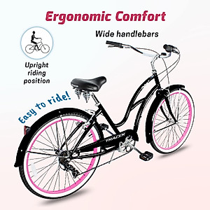 Tracer TAHA Beach Cruiser Bike for Women,26 Inch Wheels,Hi Ten Steel Frame,Shimano 7 Speed,V- Brake,Hybrid Bike for Adults,Complete Cruiser Bikes,Black