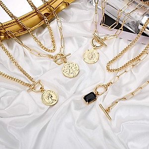 Gold Layered Necklaces for Women, 14K Gold Plated Cuban Link Chain Choker Necklaces Toggle Necklace Dainty Black Crystal Square Pendant Necklace Boho Style Jewelry Gold Layered Necklaces for Women