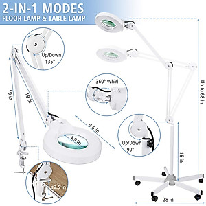 Magnifying Floor lamp with 5 Wheels Rolling Base for Estheticians - 1,500 Lumens LED Dimmable Light with Magnifying Glass, 8-Diopter Lighted Magnifier for Reading, Crafts, Sewing, Close Work(5X)