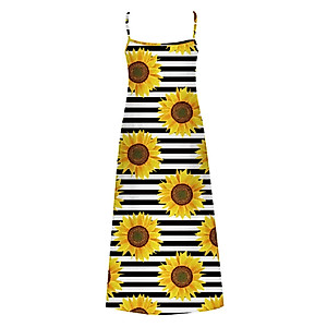 Cnebo Women's Ladies Loose Sunflower Printed Dress Sleeveless V-Collar Long Dress Maxi Dress Swing Long Dress Homecoming