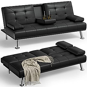 YESHOMY Convertible Folding Futon Sofa Bed Sleeper Couch for Living Room Faux Leather Upholstered Loveseat w/Removable Armrests, Metal Legs, 2 Cup Holders, Dark Black