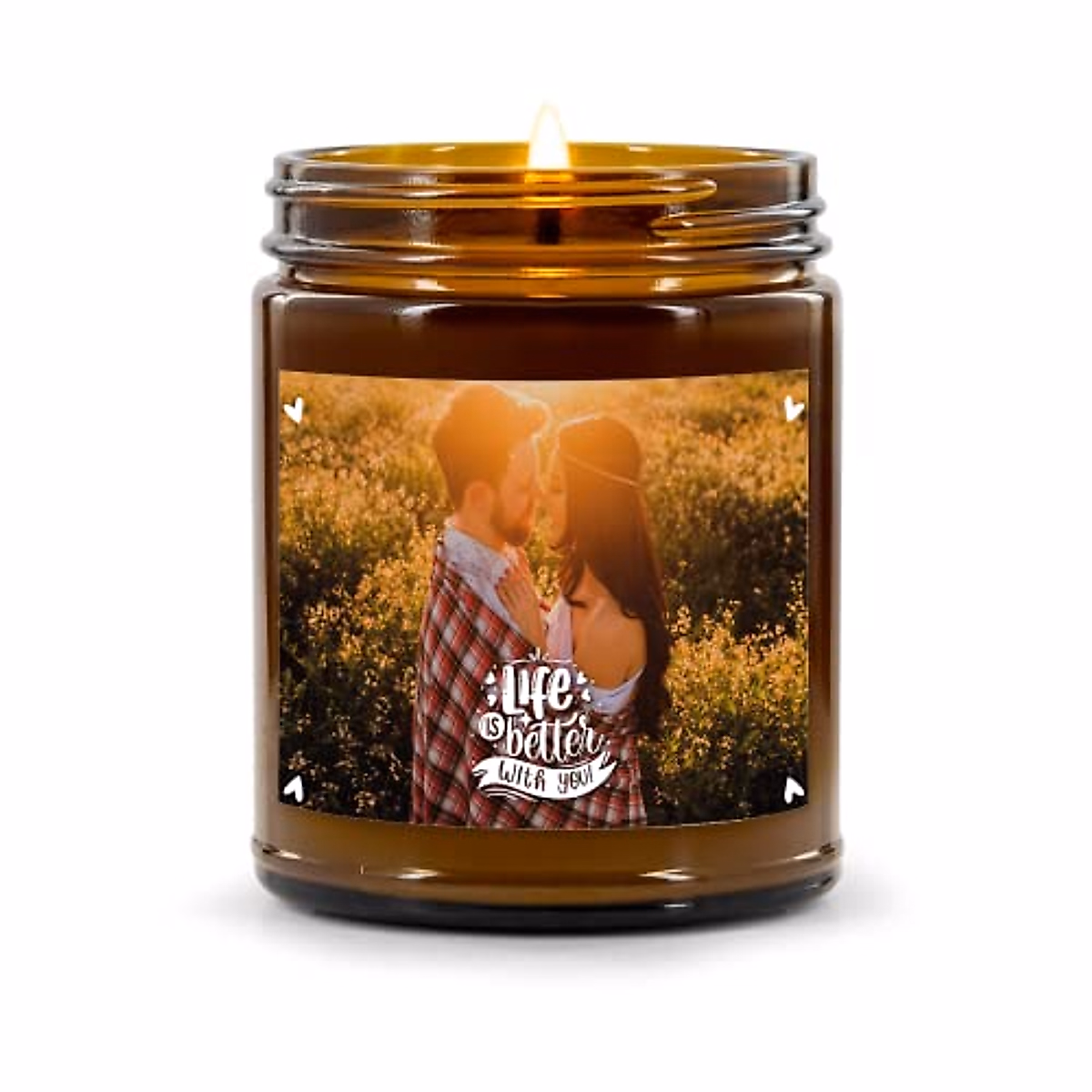 Personalized Scented Candles with Picture for Him or Her (Vanilla Bean) - Custom Valentine's Day Photo Candles - Customized Amber Vessel Jar Candles, 7.5oz