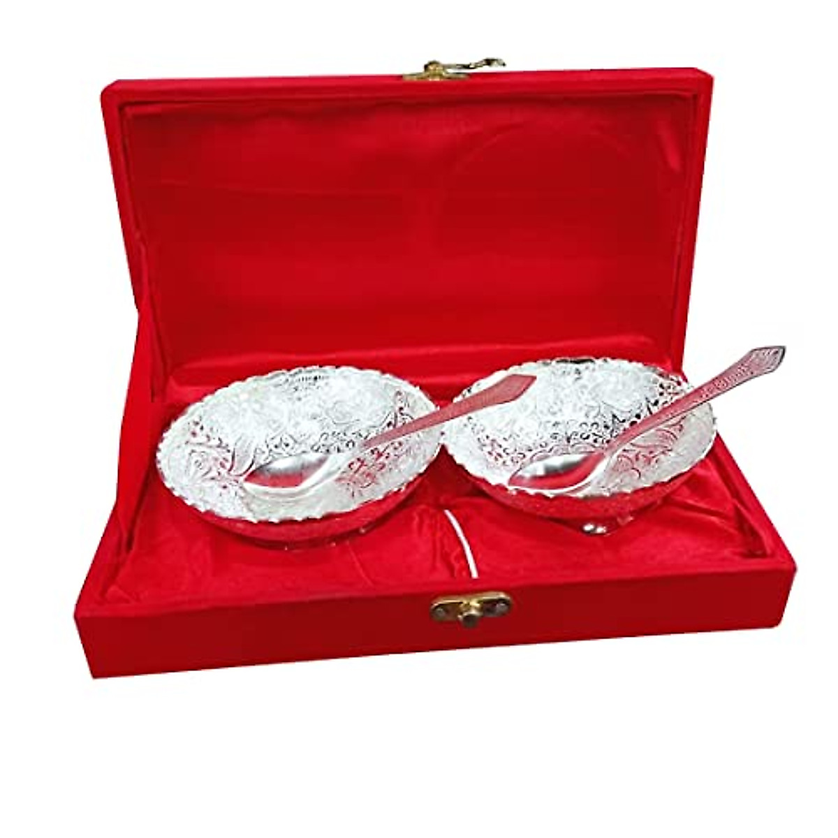 Indian Accent Silver Plated Brass 2 Bowls,2 Spoons Design with Decorative Gifting Box Set Of 4