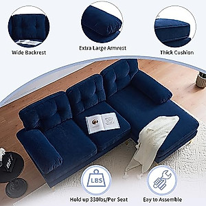 Eafurn Button Tufted Velvet Sectional, L-Shape Corner Extra Wide Chaise Lounge and Arm-Pillows, Right Hand Facing Comfy Sofa & Couches for Living Room,Up to 3 Seating Capacity, Blue 83"