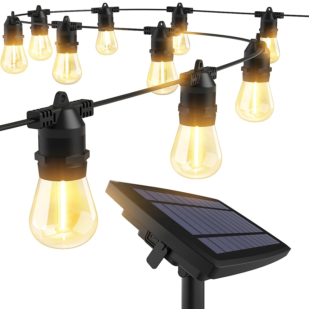 SUPERDANNY 50FT Solar Powered Outdoor String Lights, LED Solar String Lights for Outside, Commercial Grade Outdoor Waterproof Patio Lights with USB Port, 18 LED Lights for Garden Yard Halloween Décor