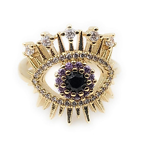 LESLIE BOULES 18K Gold Plated Evil Eye Ring for Women Protection Jewelry (Gold)