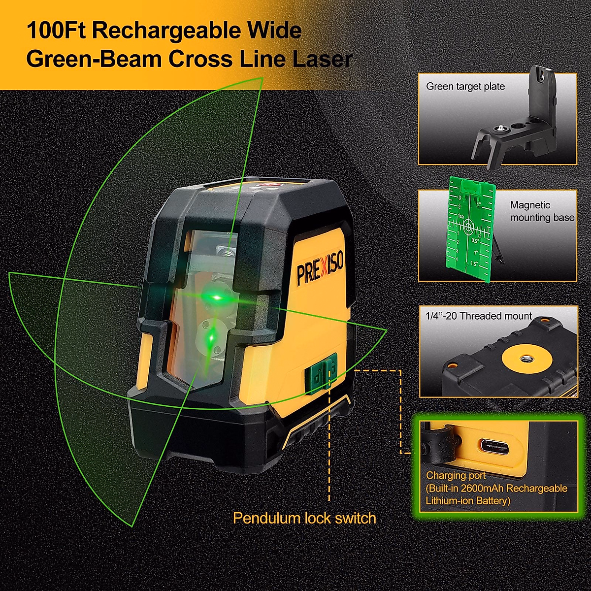 PREXISO Laser Level Self Leveling - 100Ft Rechargeable Cross Line Laser, Green Line leveler Tool for Construction, Floor Tile, Home Renovation with Magnetic Pivoting Base, Target Plate & Portable Bag