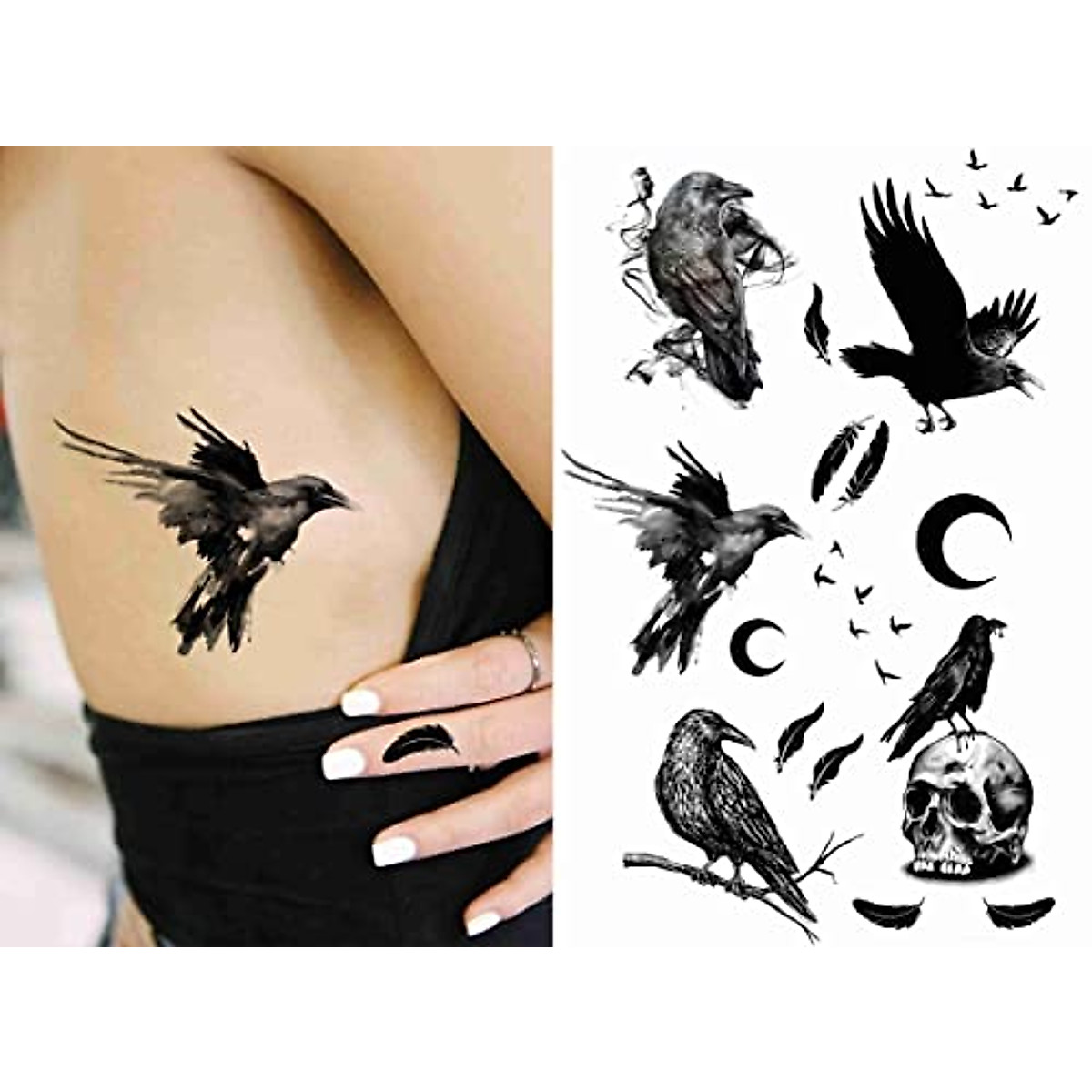 Dopetattoo 6 Sheets Dopetattoo Temporary Tattoos Raven Tattoo Crow Tattoo Temporary Tattoo Fake Neck Tattoo Fake Crow Tattoo Fake Hand Tattoos Black Raven Tattoo Arm Chest for Women Men Adults