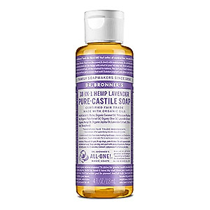 Dr. Bronner’s - Pure-Castile Liquid Soap (Lavender, 4 ounce) - Made with Organic Oils, 18-in-1 Uses: Face, Body, Hair, Laundry, Pets and Dishes, Concentrated, Vegan, Non-GMO