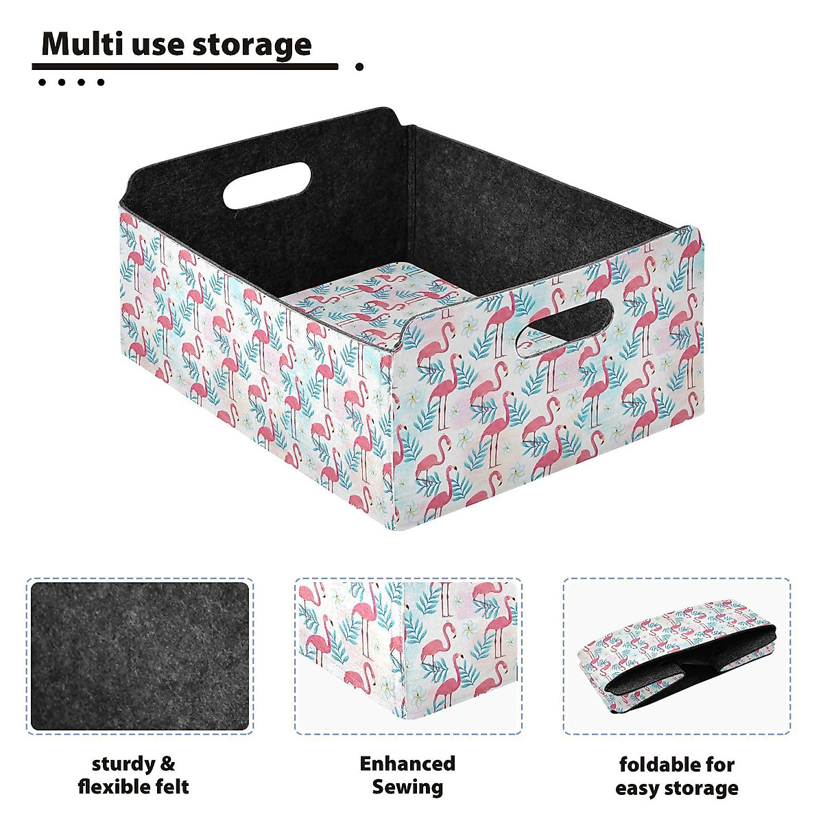 Burbuja Flamingo & Flowers Collapsible Storage Bin with Handles - Felt Storage Box for Organizing Toy, Books, Makeup, Cloths, Socks in Shelf Closet Bedroom