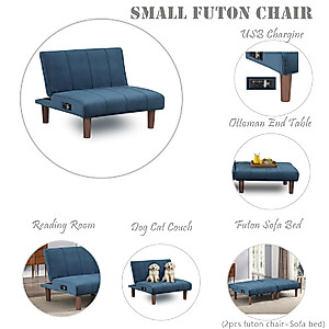 JUBILOOM Comfy Small Mini Couch, Recliner Futon, Armless Mini Sofa with Adjustable Backrest& 3 USB Port, Single Sofa Couches for Small Spaces, Living Room Office, Blue Velvet, 305BL1USB