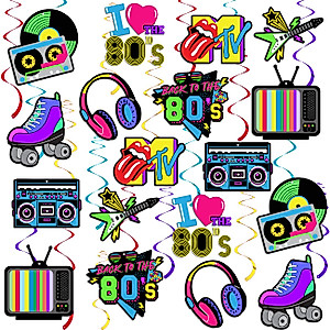 18PCS 80s Party Hanging Swirls Decorations Back to The 80s Themed Birthday Party Ceiling Streamers Retro 1980s Hip Hop Ceiling Hanging Party Decorations Favors