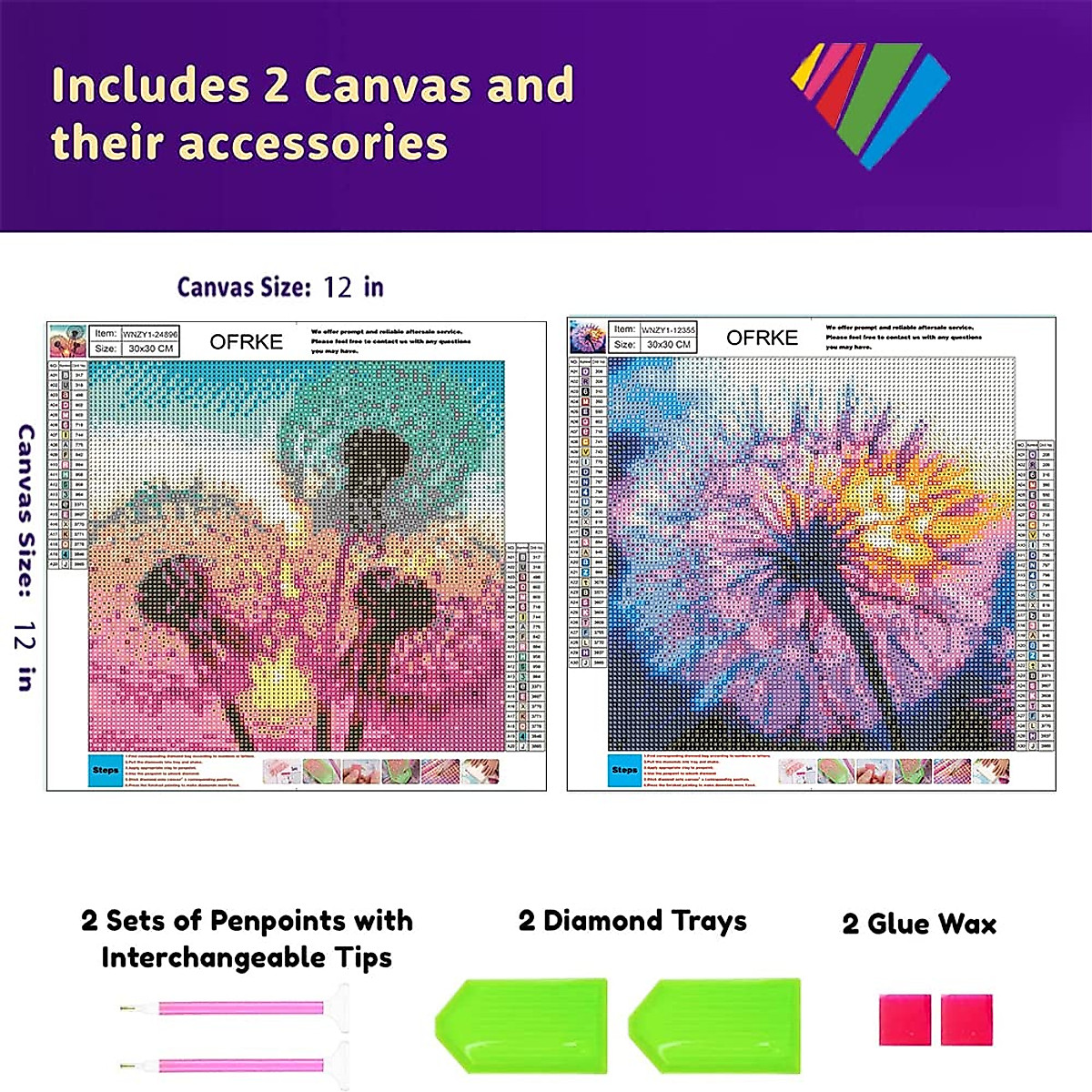 2-Piece Dandelions Diamond Painting Kits for Adults, Round Full Drill 5D DIY Diamond Art Kits for Home Wall Decor 12"x12"