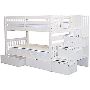 Bedz King Stairway Bunk Beds Twin over Twin with 3 Drawers in the Steps and 2 Under Bed Drawers - White