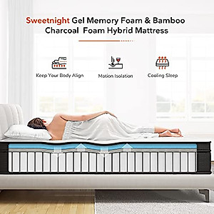 Sweetnight King Mattress, 12 Inch Pillow Top King Size Mattress in a Box, Bamboo and Gel Memory Foam Hybrid Mattress, Individually Wrapped Spring for Motion Isolation & Support,Black