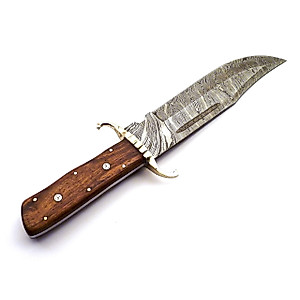 Skokie Knives Custom Hand Made Damascus Steel Hunting Bowie Knife Handle Walnut Wood With Mosic Pins And Brass Guard