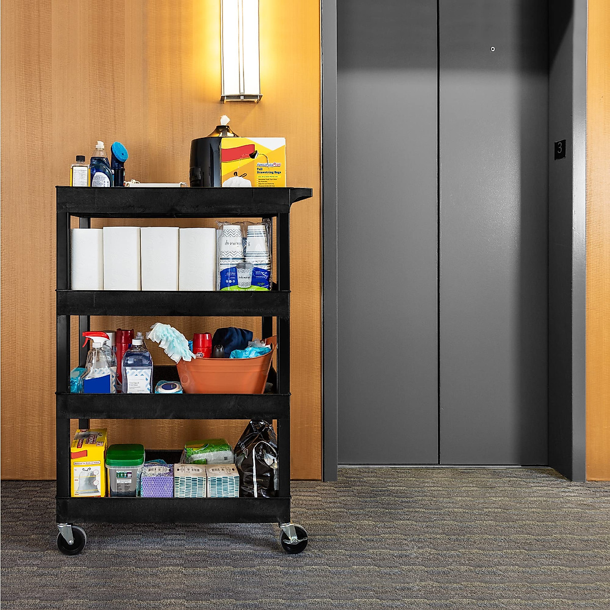 Stand Steady Tubstr 4 Shelf Utility Cart | Extra Tall Storage Cart & Rolling Tool Cart | Tub Shelf Utility Cart with Wheels for School, Garage, Office & Warehouse | Made in USA (35 x 18 x 50in/Black)