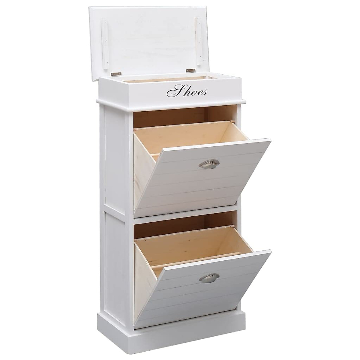 FurturHome Shoe Cabinet with 2 Tilting Compartment | Wooden Shoe Rack | Shoe Storage Cabinet for Entryway, Hallway, Bedroom, Home | White Paulownia Wood 19.7" x 11" x 38.6"