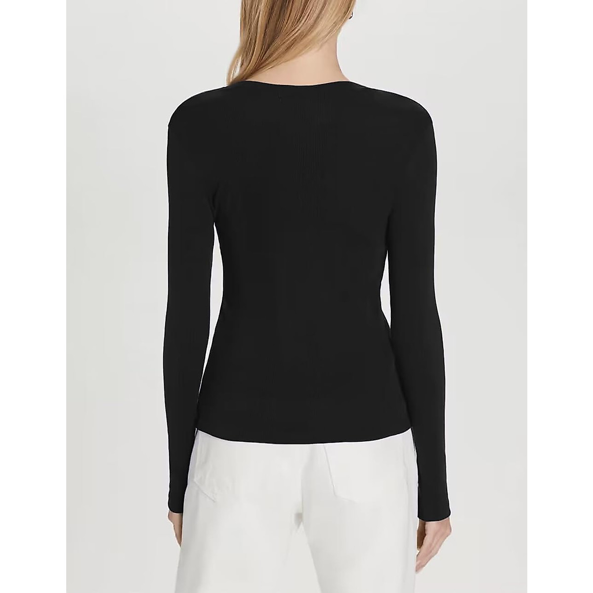 REVETRO Women's Long Sleeve V Neck T Shirt 2024 Fall Ribbed Knit Slim Fitted Casual Solid Color Basic Tee Tunic Tops Black Small…