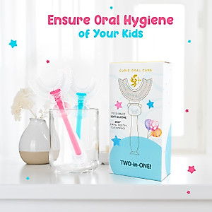 Set of 2 U-Shaped Toothbrushes for Kids with Suction Cup Whole Mouth 360 Cleaning Toothbrushes with Suction Cup Manual Toothbrush for Toddlers 2-6 Silicone Food Grade for Sensitive Teeth Large Blue