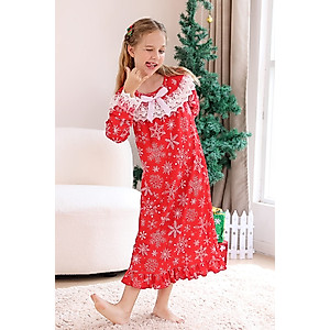 Girl Christmas Nightgown 6-7T Snowflake Red Xmas Nightdress for Kids Lightweight Warm Sleepwear Long Sleeve