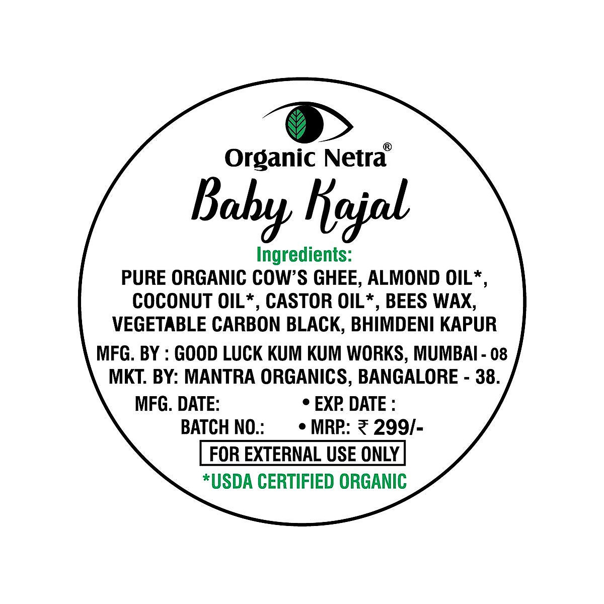 Cubicle Organic Netra Baby Kajal - 100% Natural, Enriched With Certified Organic Ingredients, Chemical-Free Kajal, Water Resistant and Long Lasting - 8g