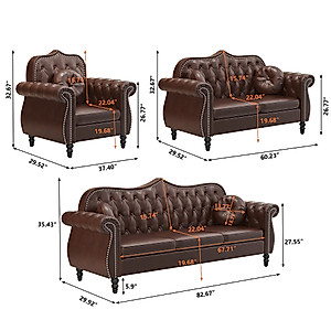AVZEAR 82" Three Seater Sofa, Chesterfield Sofa, Mid-Century Modern PU Upholstered Sofa, Deep Button Tufted Living Room Sofa with Two Throw Pillows, Brown