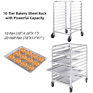 CHEFJOY 10 Sheet Aluminum Kitchen Bun Pan Sheet Rack w/Wheels 2 Lockable Home Commercial Use Bakery Cooling Rack Open Shelf