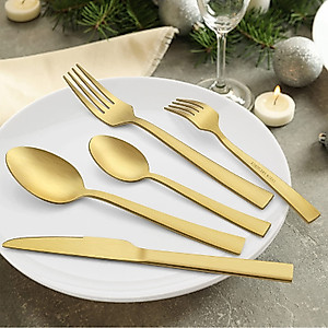 40-Piece Matte Gold Silverware Set, E-far Stainless Steel Flatware Set Service for 8, Metal Cutlery Eating Utensils Tableware Includes Forks/Spoons/Knives, Square Edge