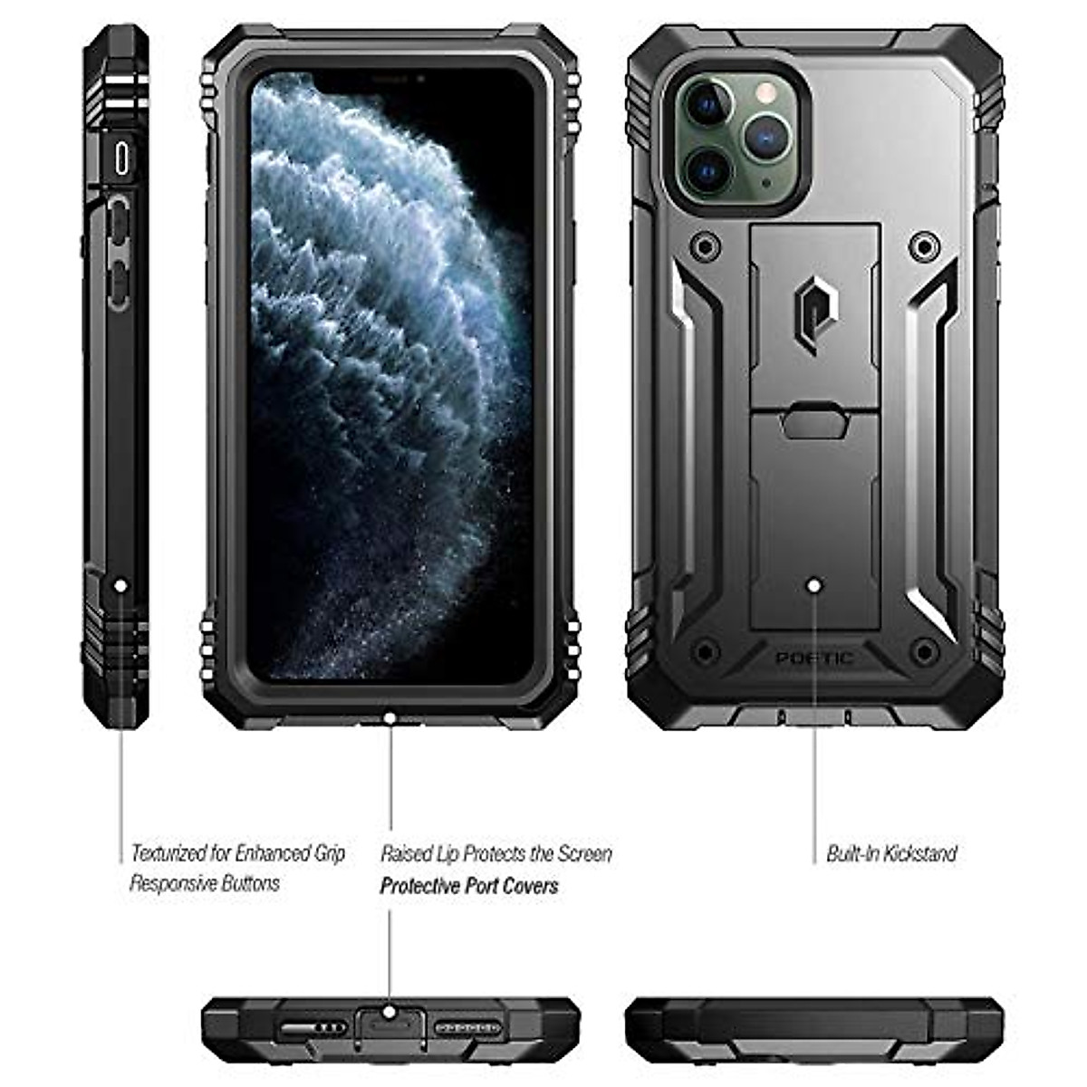 Poetic iPhone 11 Pro Rugged Case with Kickstand, Full-Body Dual-Layer Shockproof Protective Cover, Built-in-Screen Protector, Revolution Series, for Apple iPhone 11 Pro (2019) 5.8 Inch, Black