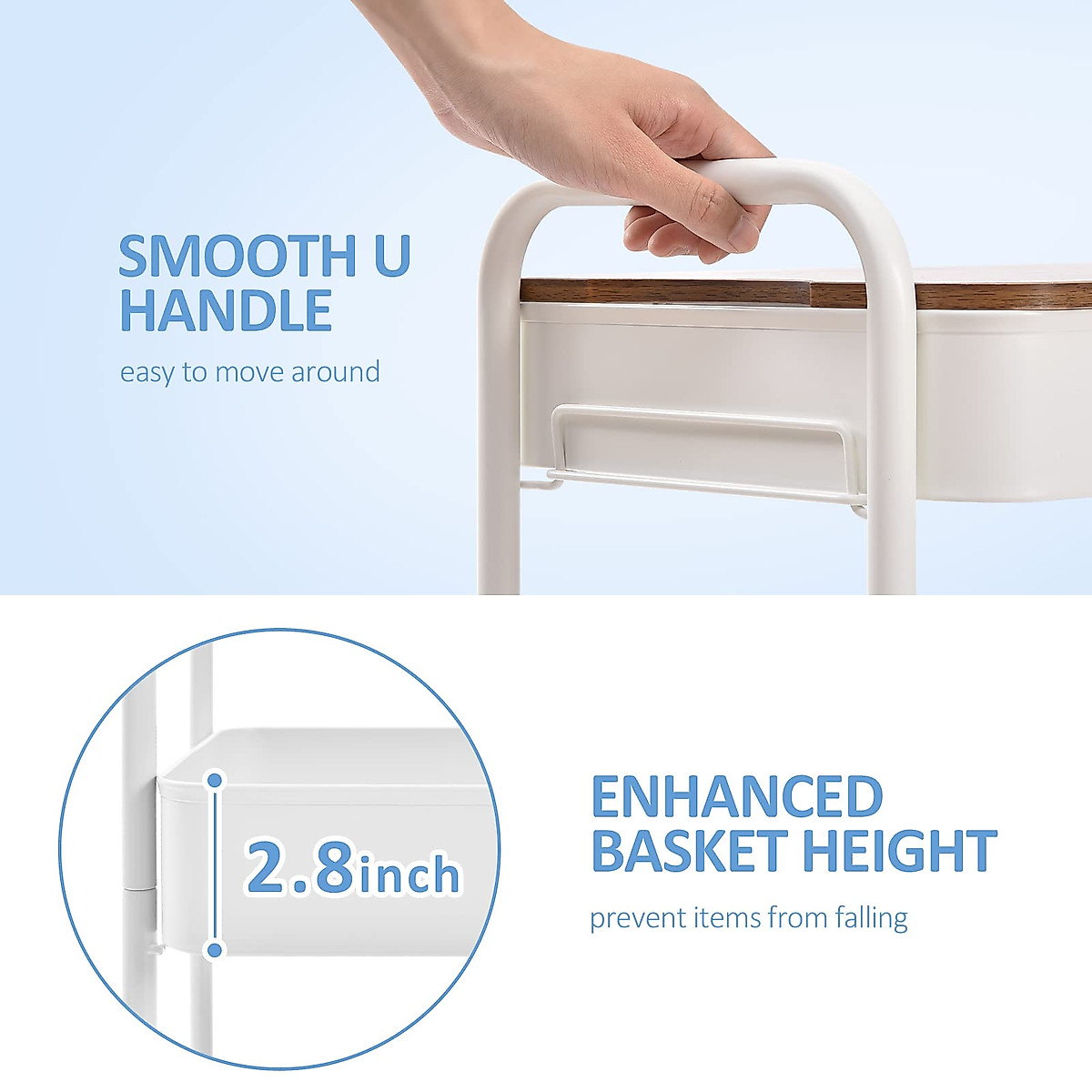 TOOLF 3-Tier Rolling Cart, Metal Utility Cart with Detachable Tray Top, Storage Craft Art Cart Trolley Organizer Serving Cart Easy Assembly for Office, Bathroom, Kitchen, Kids' Room, Classroom