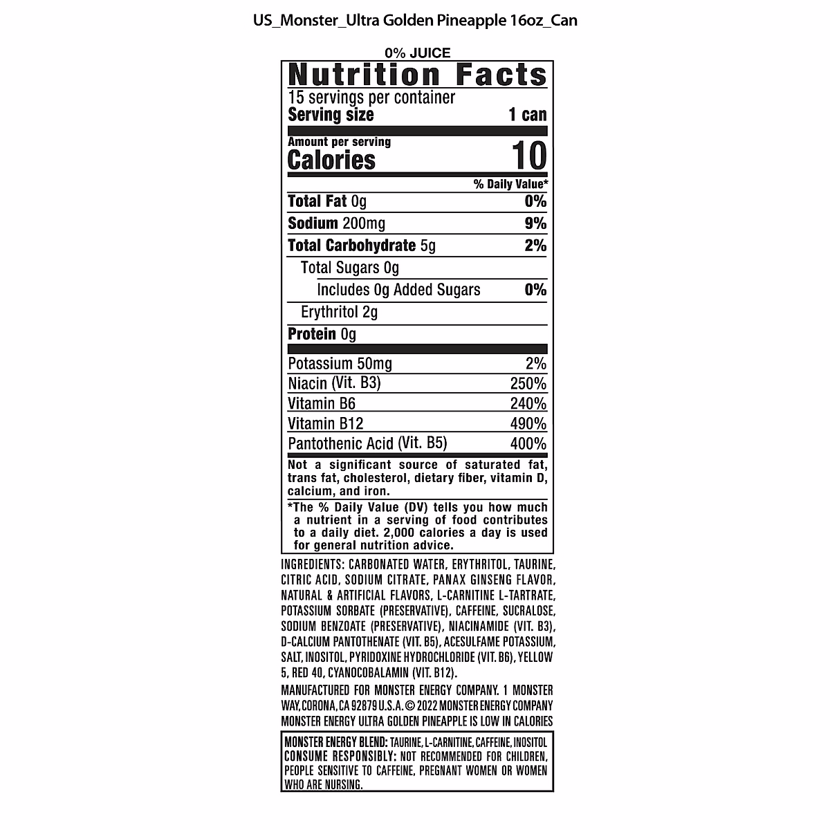 Monster Energy Ultra Golden Pineapple, Sugar Free Energy Drink, 16 Ounce (Pack of 15)