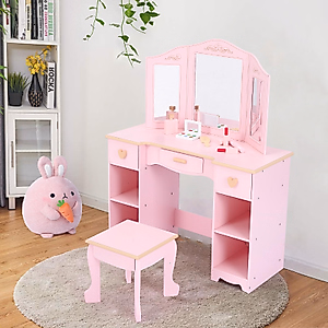 GarveeHome Kids Vanity, Pretend Play Vanity Set with Stool and Tri-Fold Mirror, Little Girl Makeup Desk, Toddler Dressing Table with Storage Drawers and Open Shelves for Girls 3+, Pink