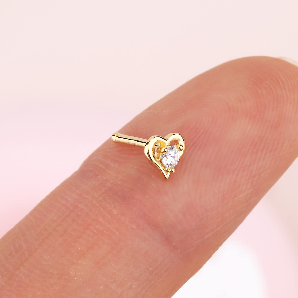 MeIighting 14K Solid Gold Nose Stud 20G Heart Nose Rings Clear Round CZ Nose Piercing Jewelry for Women Men Real Gold