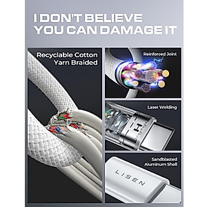 LISEN for iPhone 16 15 USB C to USB C Fast Charging, 60W USB C Cable Type C Fast Charging Cable for iPhone 16 15,Samsung Galaxy S25 Ultra Plus S24 S23 iPad Pro 13 12.9inch, iPad Air 5,White 3Pack 6FT