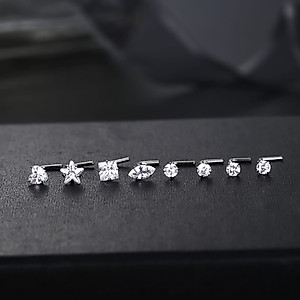 MILACOLATO 8Pcs 20G Sterling Silver Nose Rings Studs for Women Men Star Marquise Heart Square Round Shaped CZ Nose Stud L Shape Nose Ring Body Piercing Jewelry