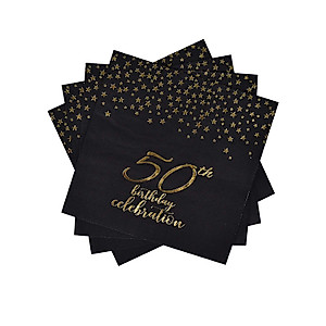 Gatherfun 50th Birthday Napkin Disposable Paper Napkins Black and Gold Party Decorations Tableware for Men Woman 50 Birthday Party（6.5X6.5in, 3-Ply, 50-Pack)